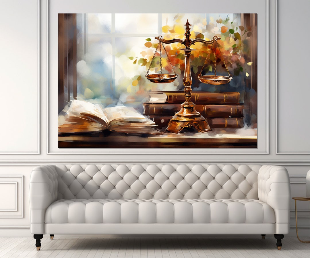 Justice Wall Art, Vintage Style Law Scales Oil Painting Canvas Print ...