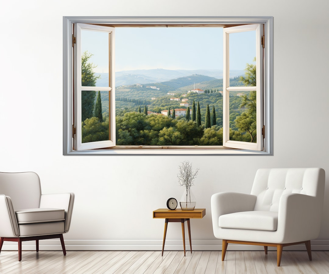 Open Window Canvas Print, Green Mountains Window View Painting, Window ...