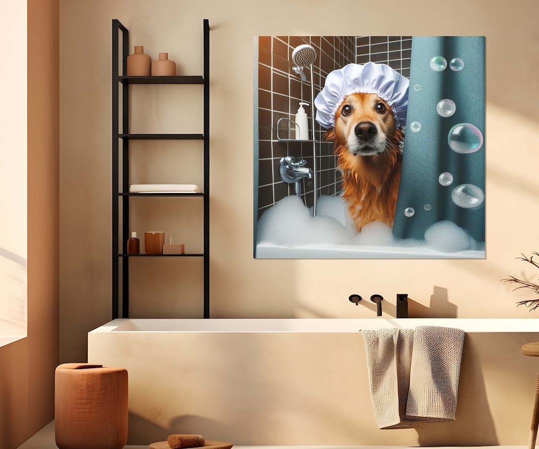 Cute Dog in the Bathroom Painting Canvas Print, Bathroom Wall Art ...