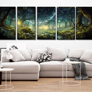 Fantasy Forest Painting Canvas Print, Fireflies in Forest Wall Art ...