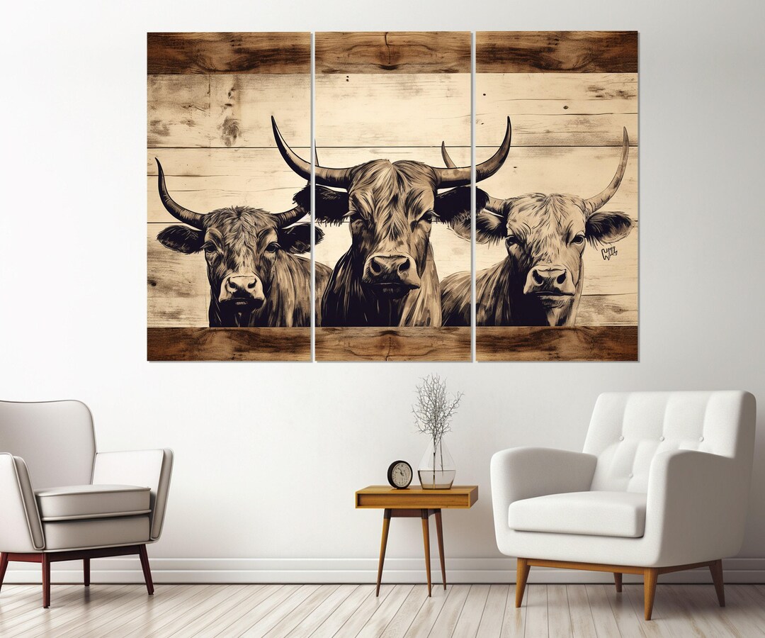 Three Cows Painting Canvas Print, Highland Cows on Wooden Background ...