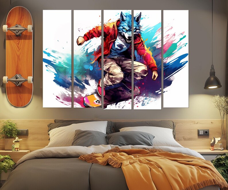 Pop Art Wolf on the Skateboard Canvas Print, Skateboarding Wall Art ...