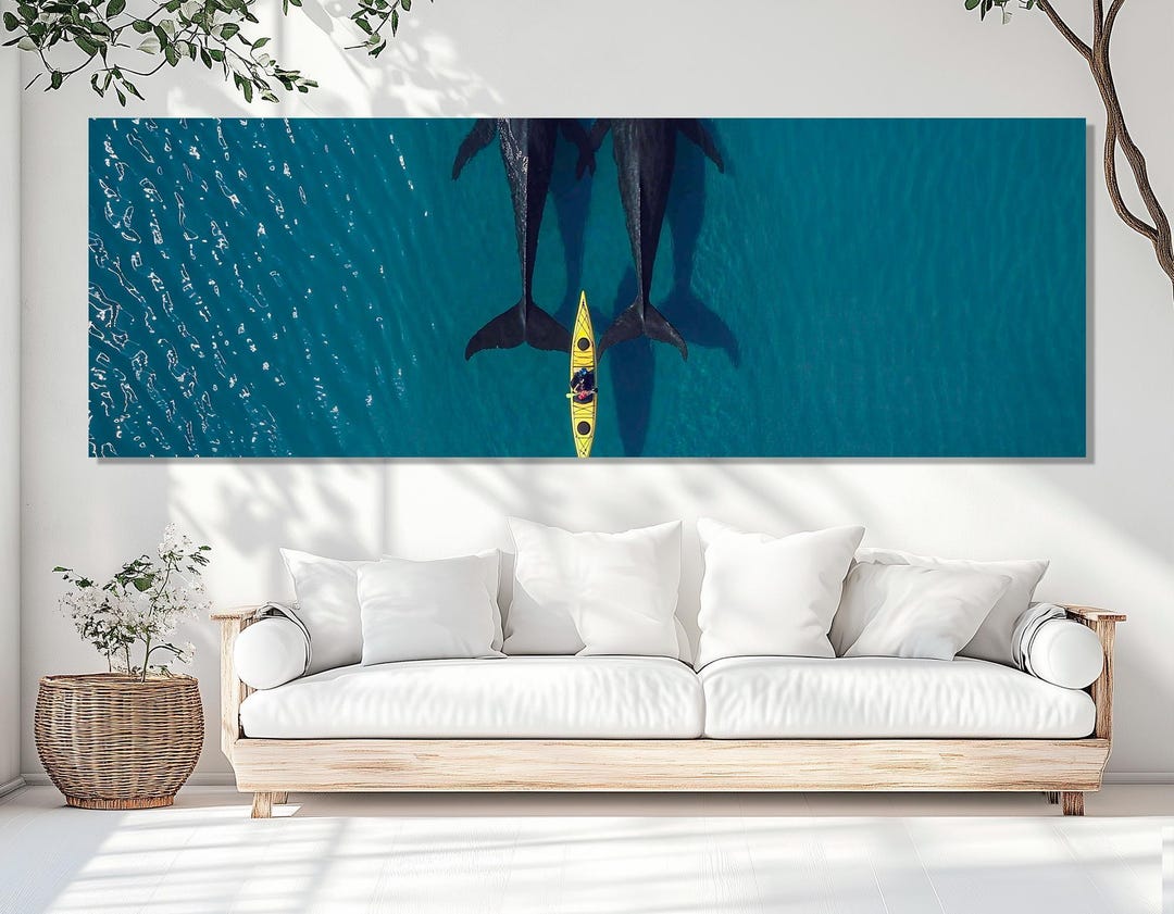 Yellow Kayak With Whales Couple Canvas Print, Abstract Underwater Wall ...
