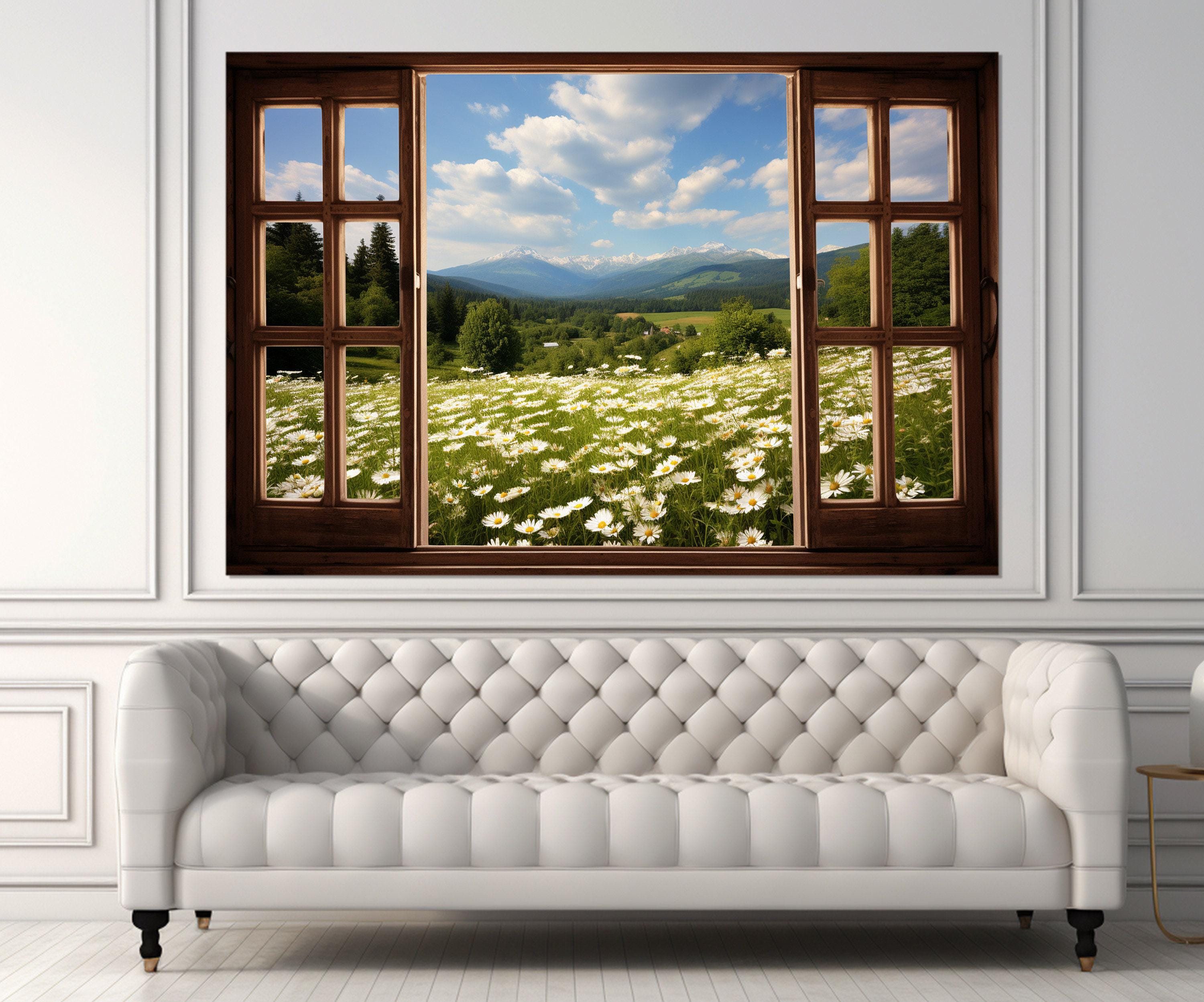 Open Window With Chamomile Field View Painting Canvas Print, Faux ...