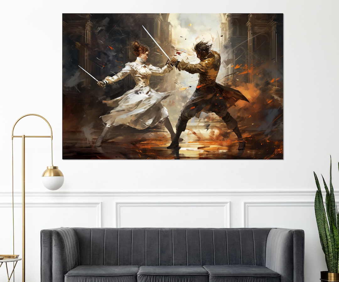 Vintage Fencing Painting Canvas Print, Abstract Fencing Wall Art ...