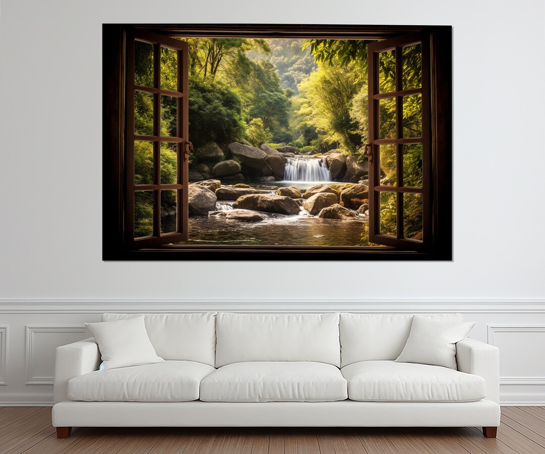 Open Window With Scenic Waterfall View Painting Canvas Print, Faux ...