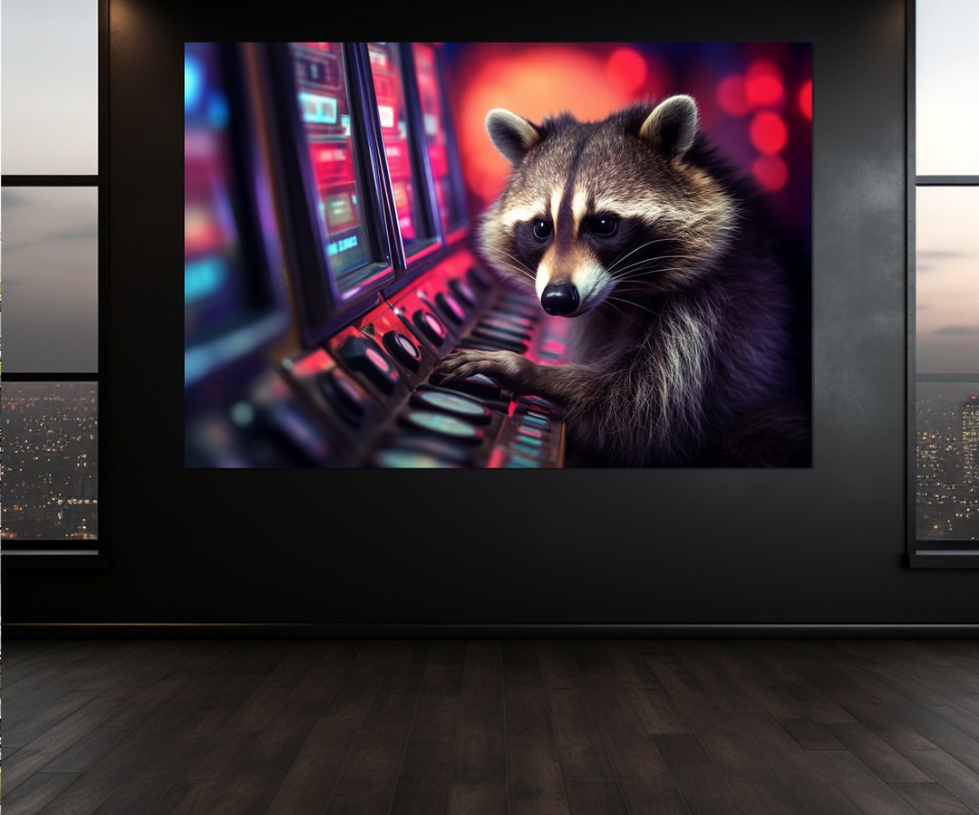 Raccoon Playing Slot Machines Canvas Print, Casino Wall Art, Funny ...