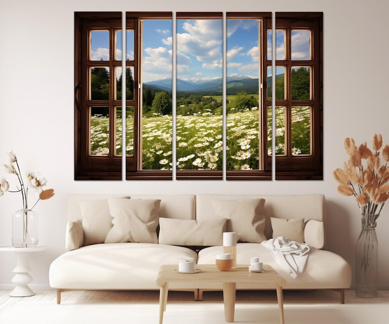 Open Window With Chamomile Field View Painting Canvas Print, Faux ...