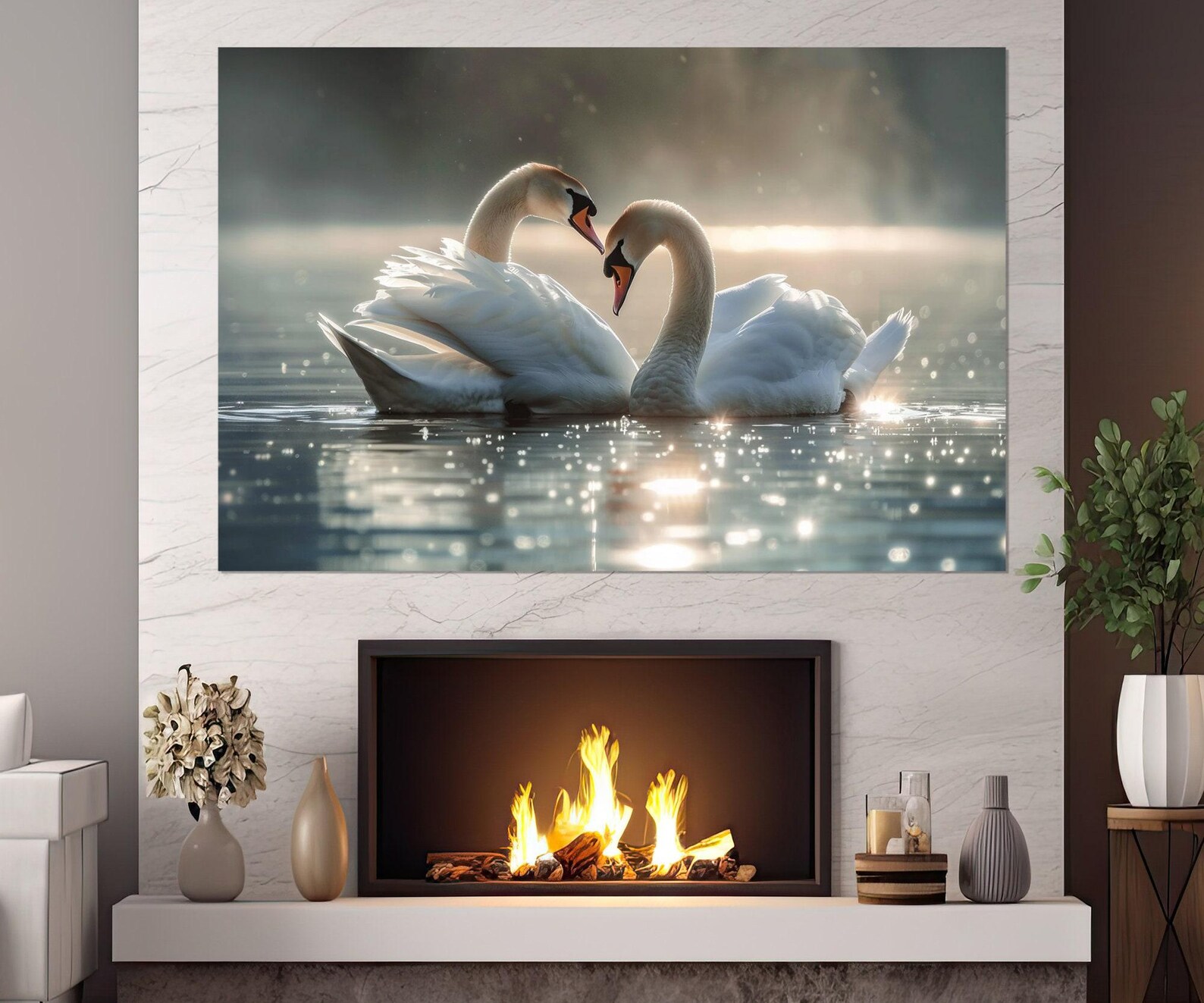 Swans Canvas Print, Love Wall Art, Swans in Love Painting, Anniversary ...