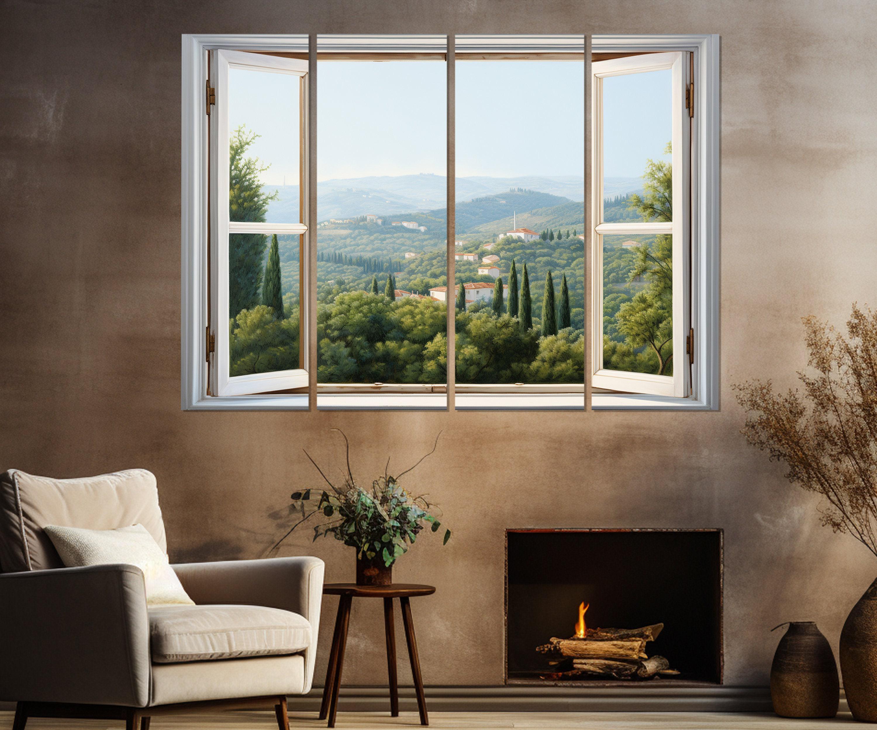 Open Window Canvas Print, Green Mountains Window View Painting, Window ...