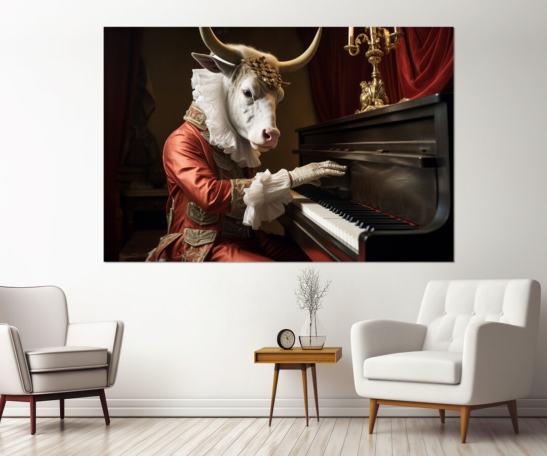 Longhorn Cow Playing Piano Canvas Print, Cow Pianist Painting, Piano ...