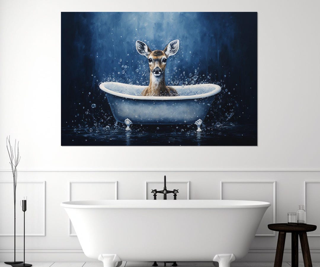 Cute Deer in the Bathtub Canvas Print, Bathroom Wall Decor, Framed ...