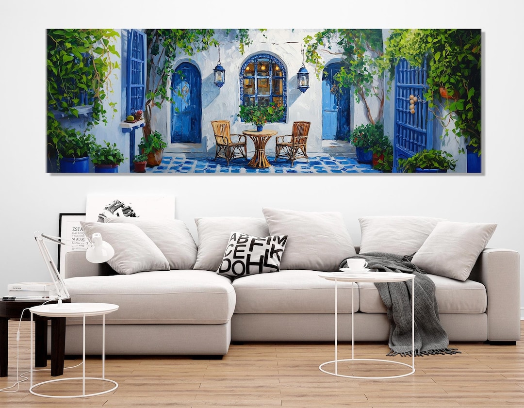 Scenic Outdoor Café in Moroccan Style Painting Canvas Print, Arab Blue ...