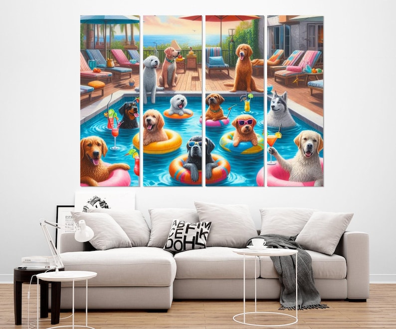Dogs Pool Party Painting Canvas Print, Abstract Pets Party Wall Art ...