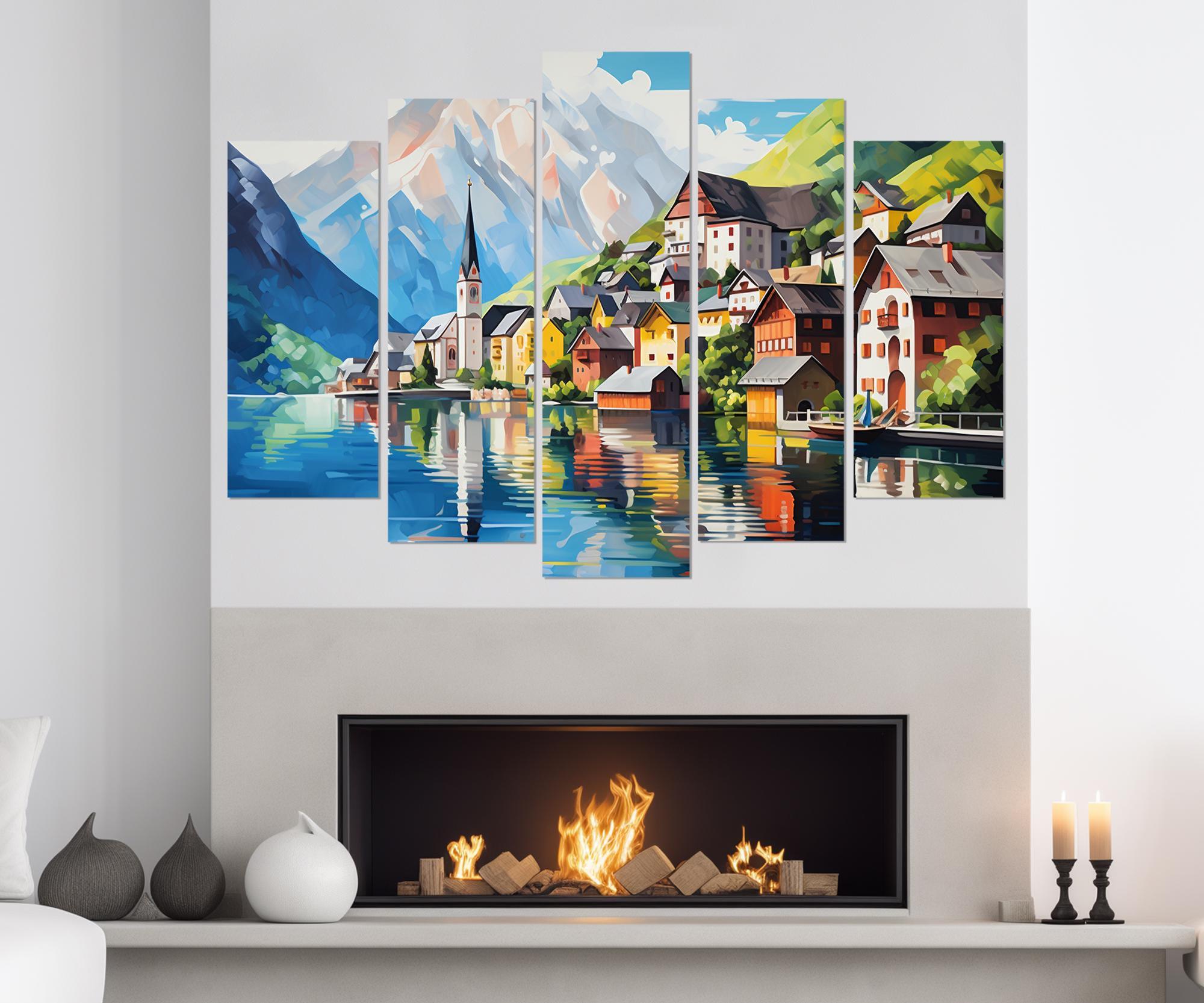 Alps Canvas Wall Art, Hallstatt Lake Painting Canvas Print, Abstract ...