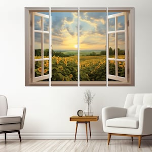 Open Window With Sunflowers Field View Painting Canvas Print, Faux ...