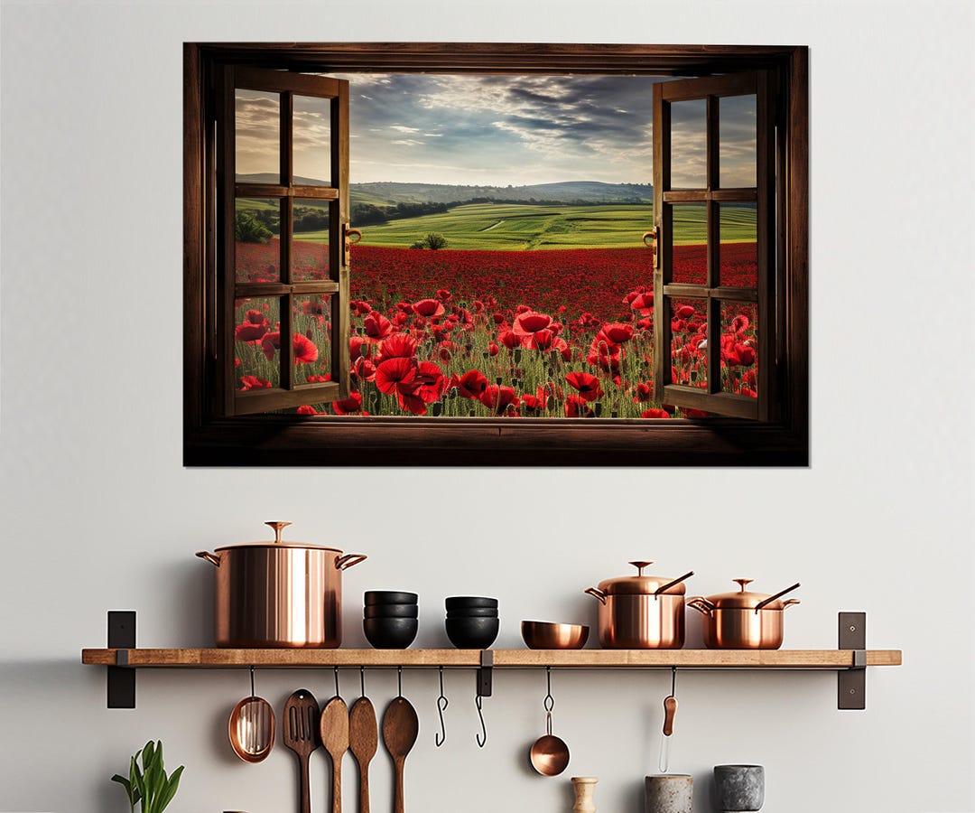 Open Window With Poppy Field View Painting Canvas Print, Poppy Field ...