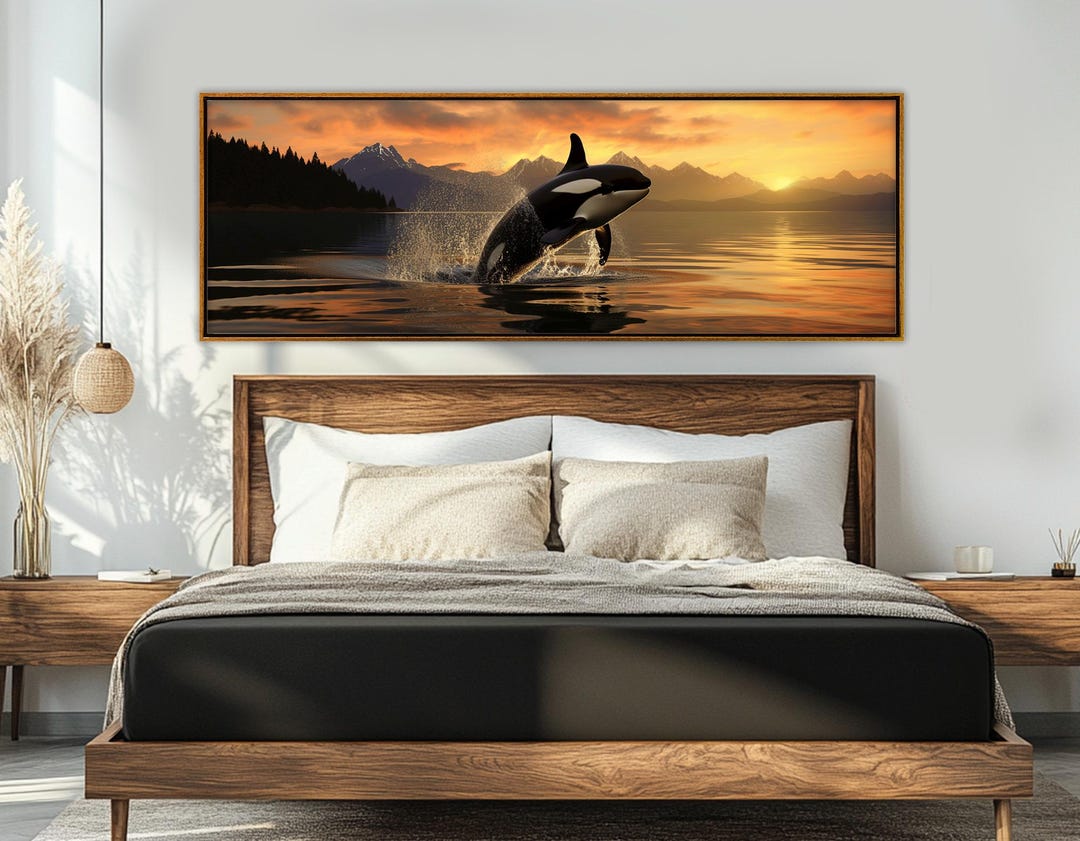 Abstract Orca Jump Painting Canvas Print, Orca Poster, Orca on Sunset ...