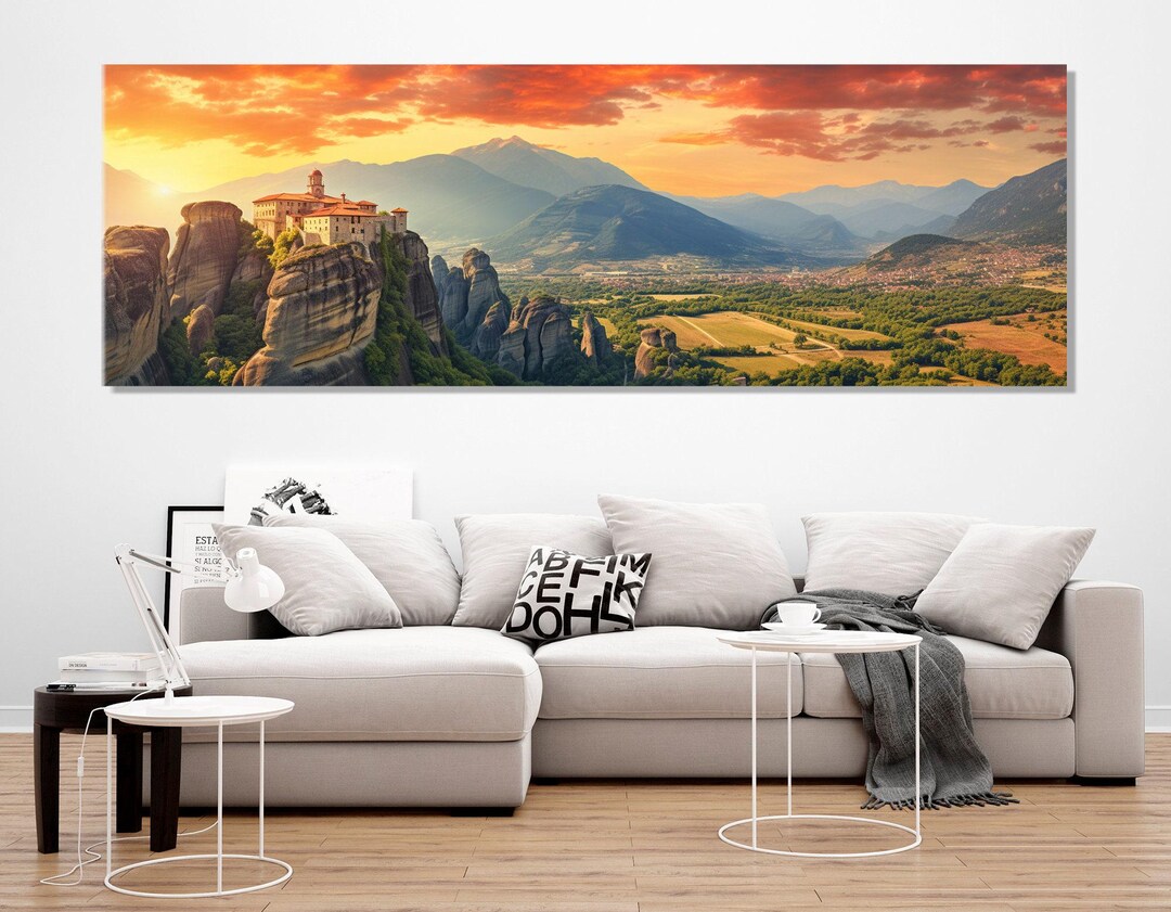 Meteora Monasteries Panoramic Canvas Print, Meteora Mountain Painting ...