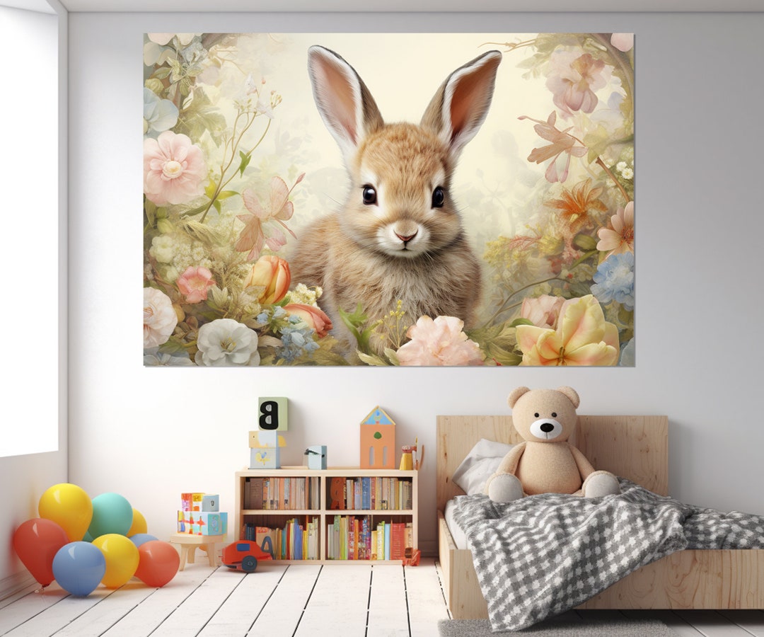 Cute Rabbit in Flowers Painting Canvas Print, Easter Bunny Painting ...