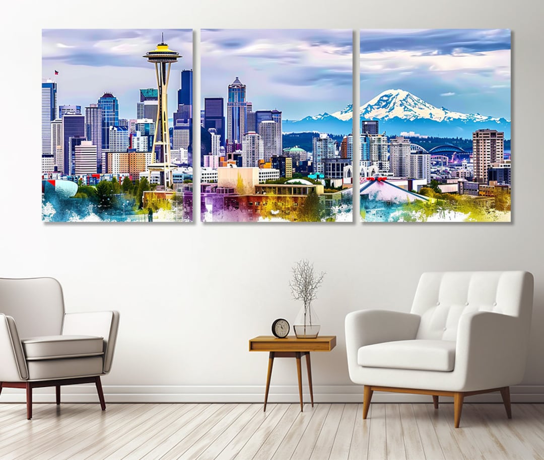 Seattle Panoramic Canvas Print, Seattle Painting, Abstract Seattle ...