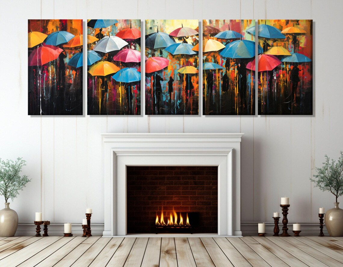 Abstract Umbrellas Painting Canvas Print, Abstract Wall Decor, Wide ...