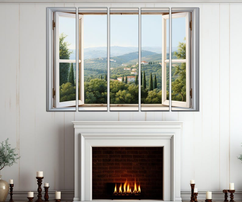 Open Window Canvas Print, Green Mountains Window View Painting, Window ...