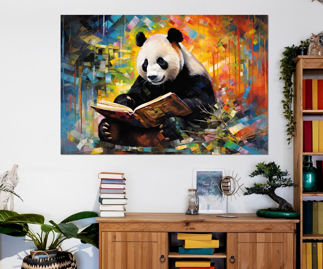 Panda Reading Book Abstract Painting Canvas Print, Kids Room Decor ...
