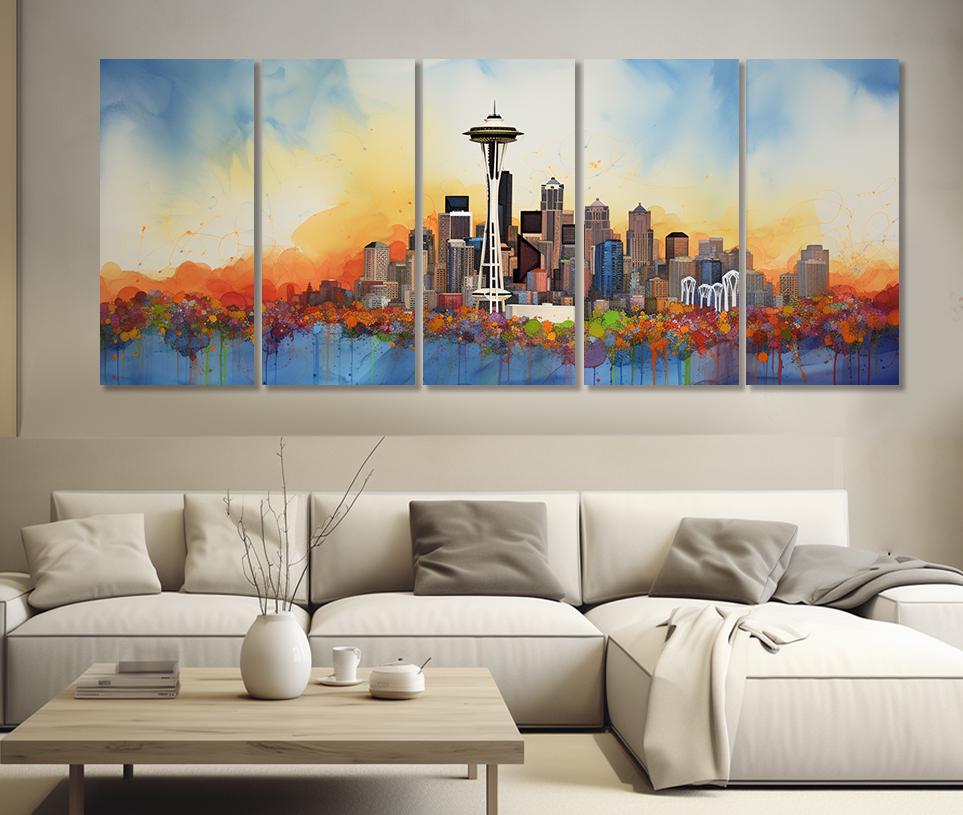 Abstract Seattle Panoramic Canvas Print, Seattle Painting, Large ...