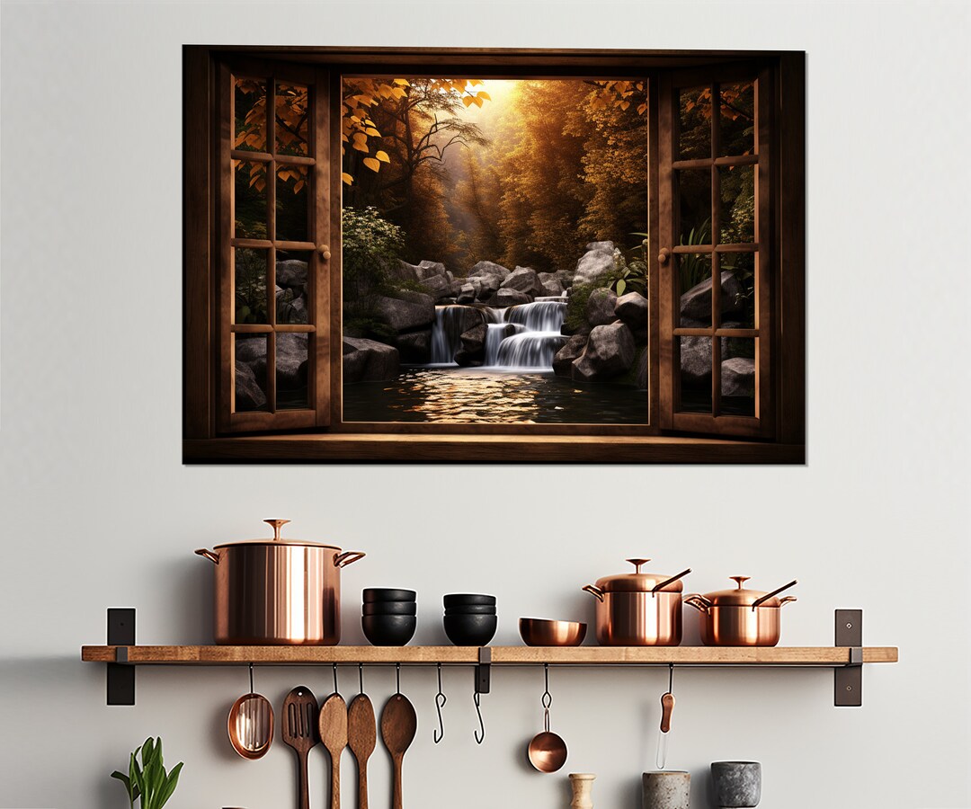 Open Window With Forest Waterfall View Painting Canvas Print, Modern ...
