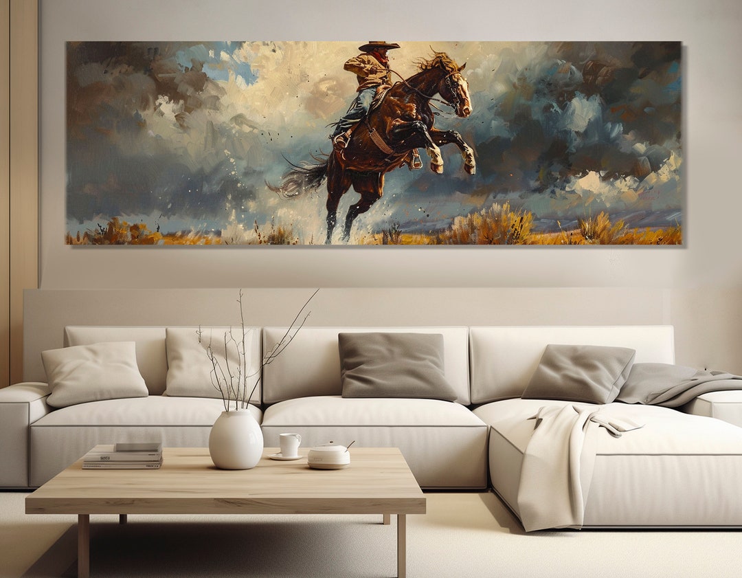 Cowboy on a Horse Painting Canvas Print, Western Wall Art, Cowboy Gift ...