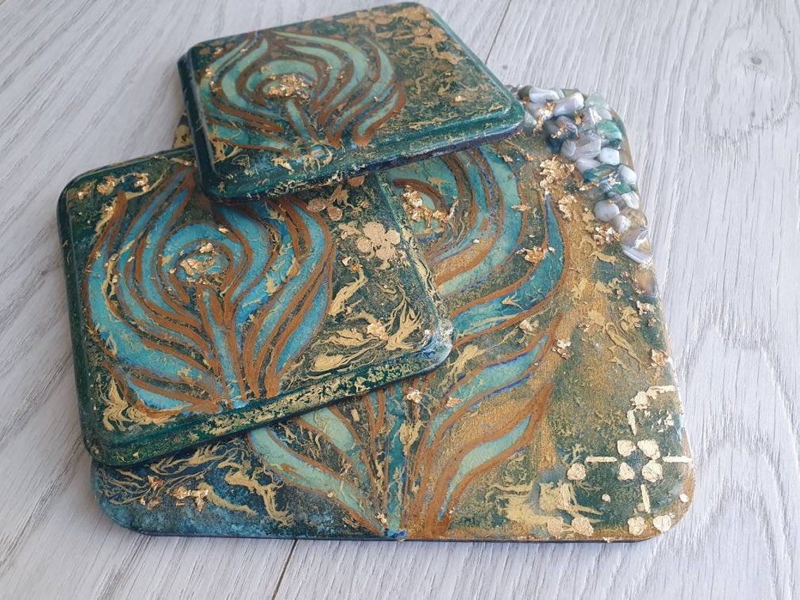 Set of 3 Hot Cup Stand Wood With Painting Tiles Space Happy - Etsy