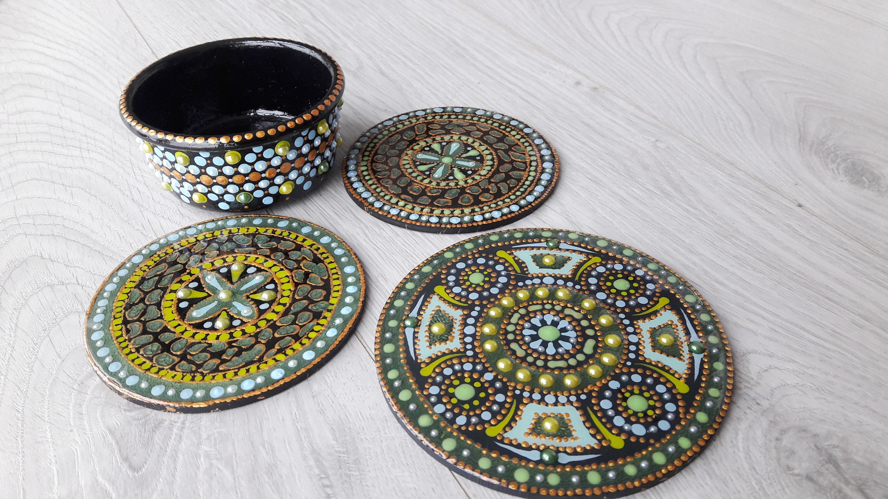 Set of 3 Hot Cup Stand Wood With Painting Ceramic Bowl for - Etsy