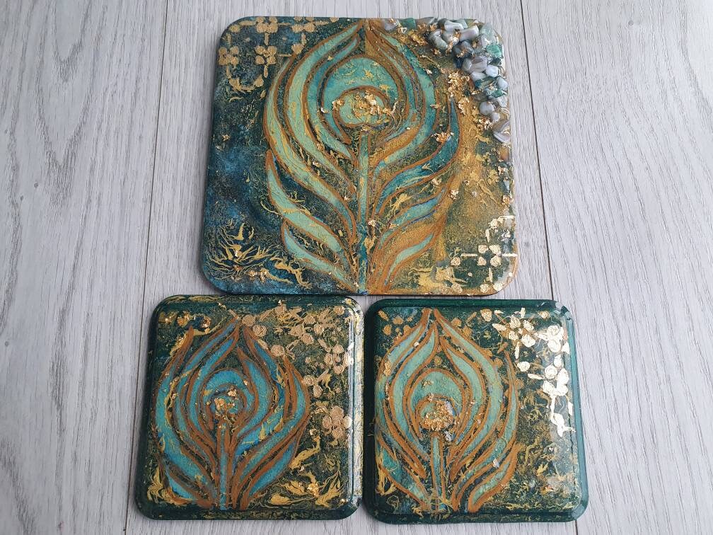 Set of 3 Hot Cup Stand Wood With Painting Tiles Space Happy - Etsy