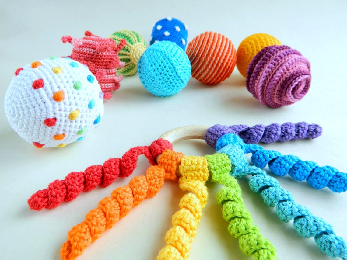 Montessori sensory balls Rainbow baby rattle Crochet rattle | Etsy