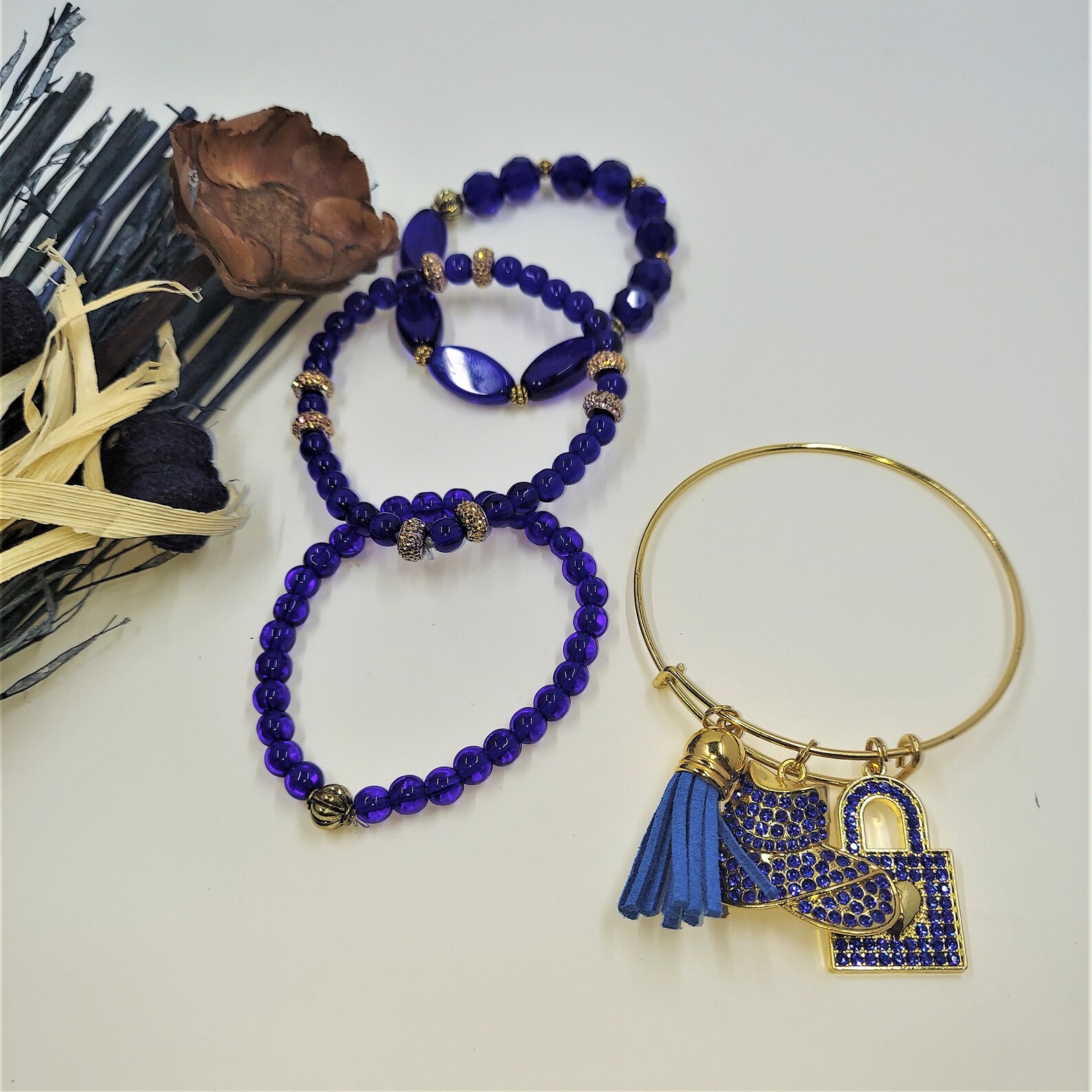 Cobalt Blue Bracelet Stack Blue Glass Beads Gold Adjustable - Etsy