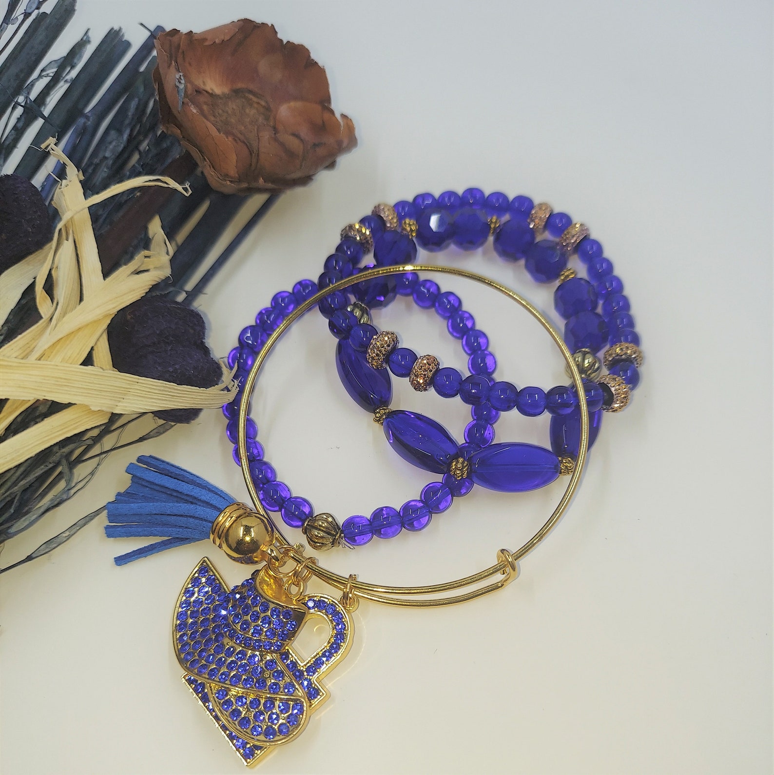 Cobalt Blue Bracelet Stack Blue Glass Beads Gold Adjustable - Etsy
