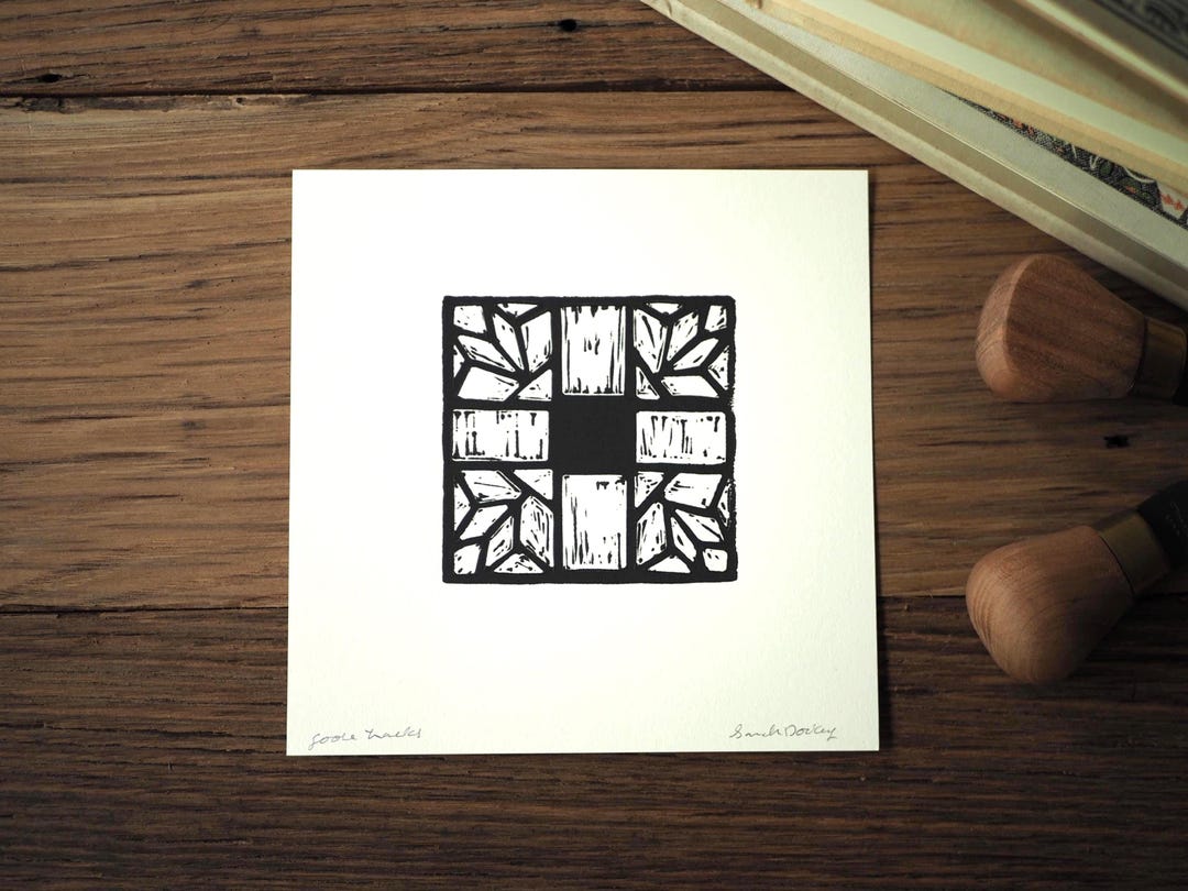 Hand-drawn, Carved, and Printed Quilt Block Linocut Print "goose Tracks ...