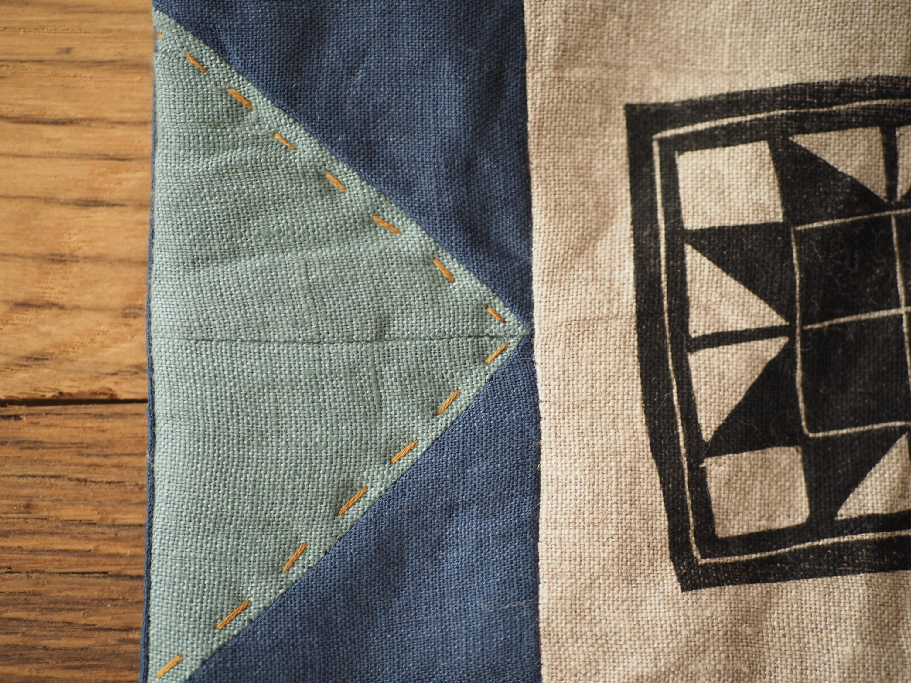 Handmade Blue & Gray Linen Quilt Star Wall Hanging: Embroidered Block ...