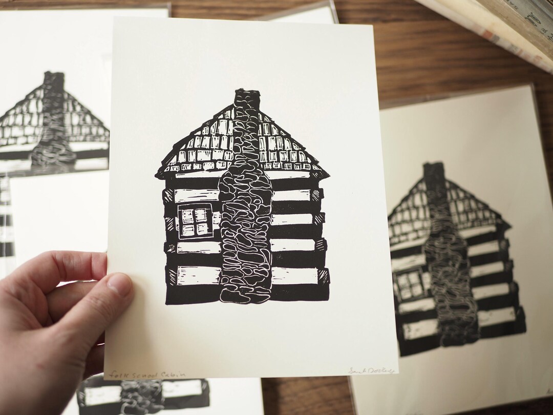Hand-drawn, Carved, and Printed Cabin Linocut Print "the Folk School ...