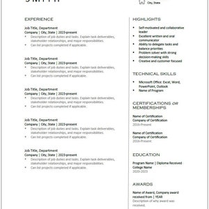 Professional Resume Template PDF Word 1 Page Modern CV - Etsy