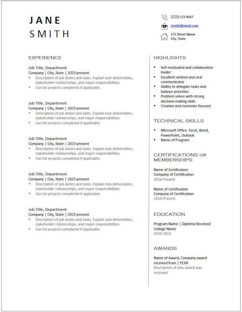Professional Resume Template PDF Word 1 Page Modern CV - Etsy