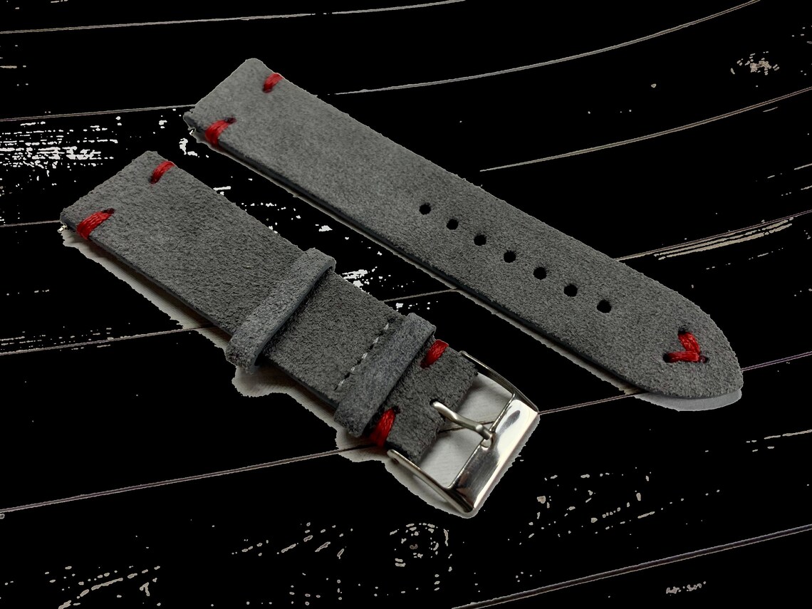 Gray Grey Vintage Suede Leather Watch Strap Band Red Stitching | Etsy