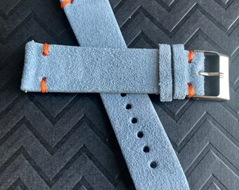 Light BLUE Suede Leather Watch Strap Band ORANGE Stitching | Etsy