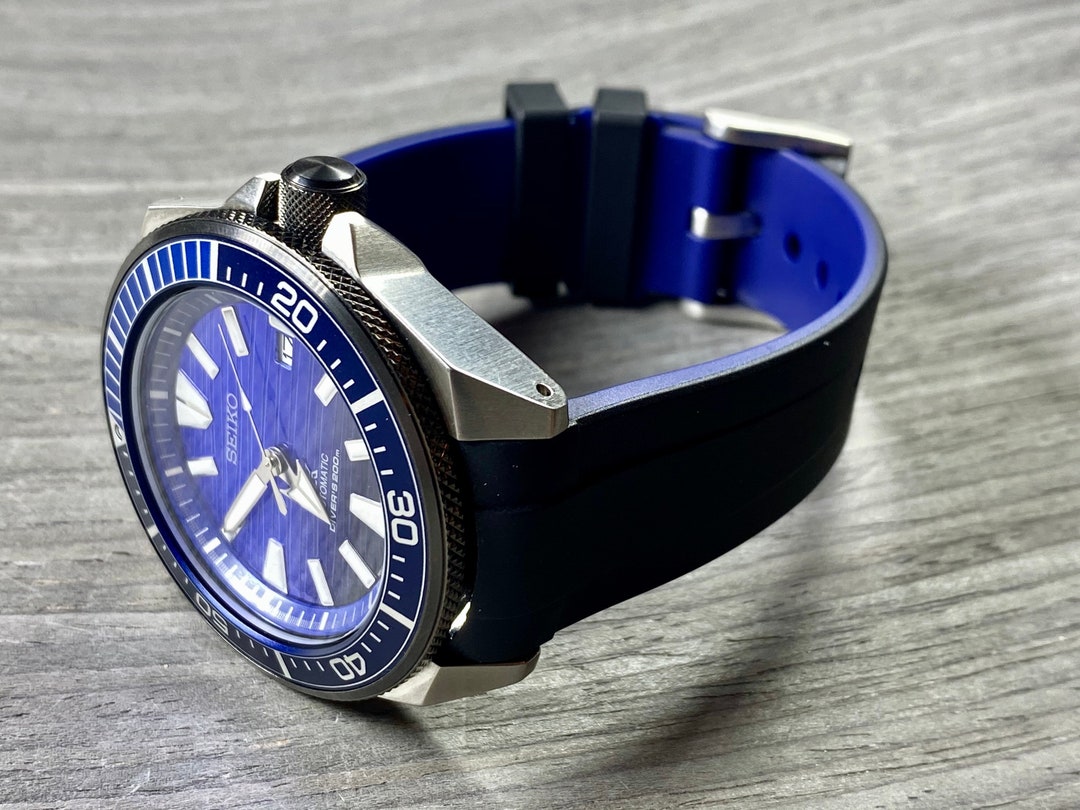 22mm BLACK/BLUE Vulcanized Rubber Strap Fits Some Seiko Watches SKX ...