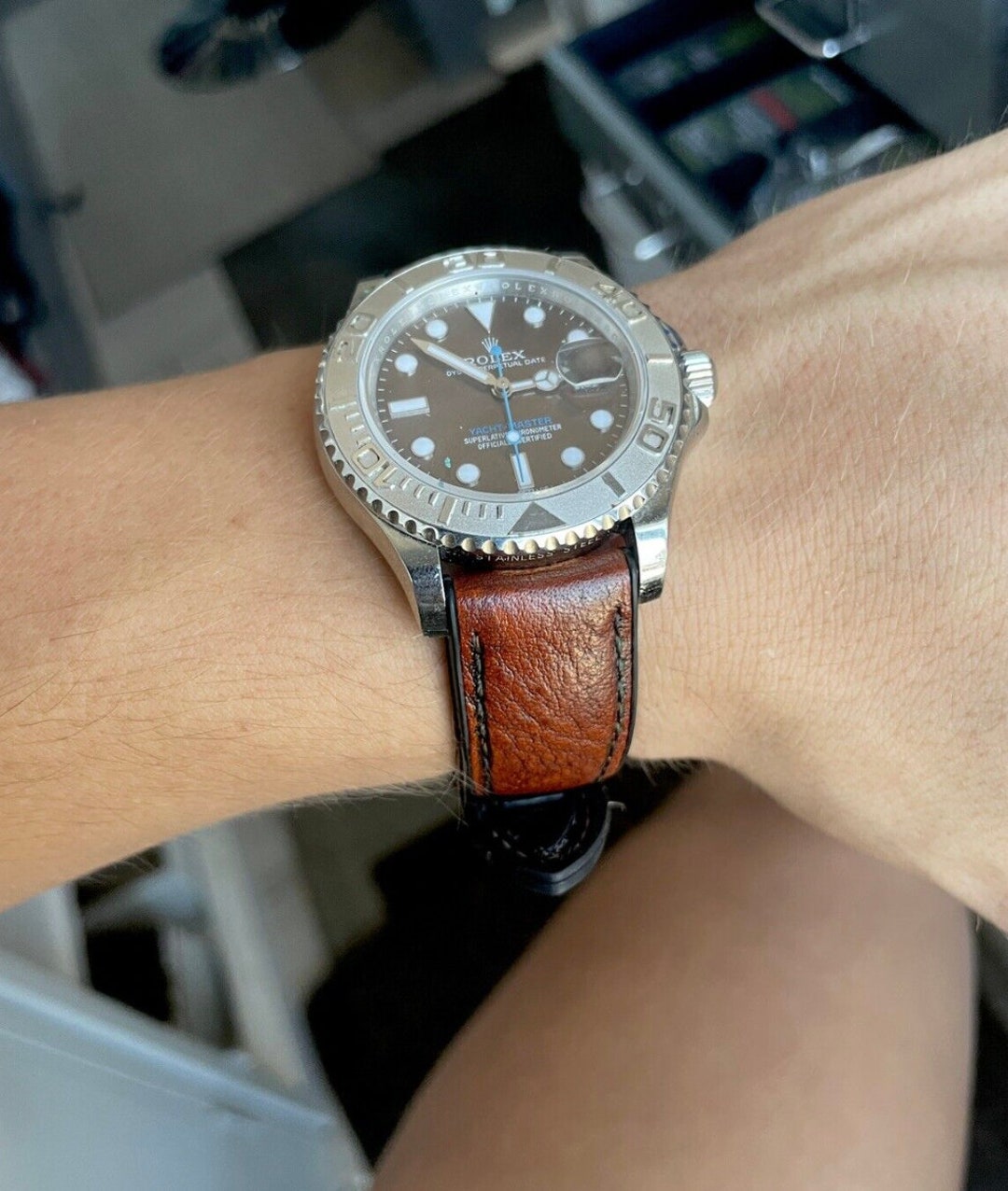 Waterproof DARK BROWN Leather Watch Strap Rubber Bottom BLACK Stitch - Etsy