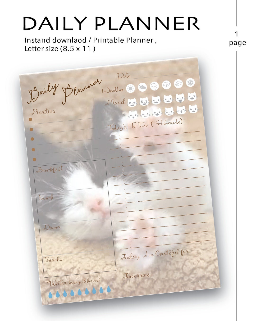 Cat Daily Planner, Cat Printable Planner, Kitten Agenda, Planner ...