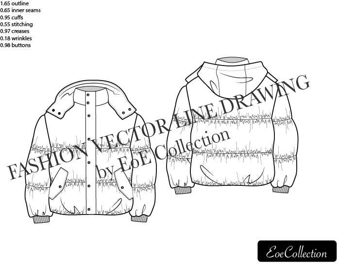 Unisex Puff Jacket Front and Back - Fashion Vector Line Drawing ...