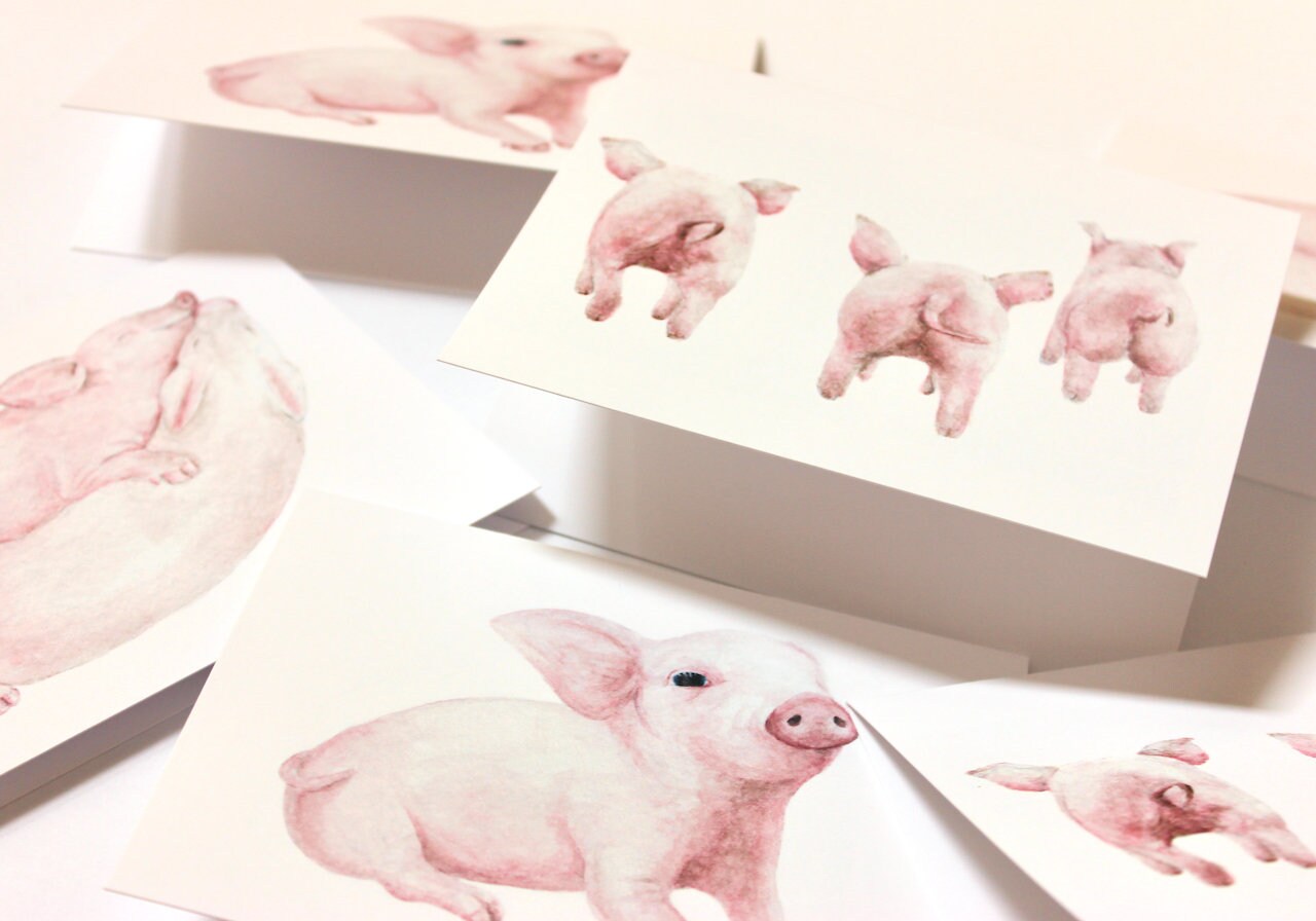 6 Cute Baby Piglet Note Cards Pack Watercolor Piggy Cards - Etsy
