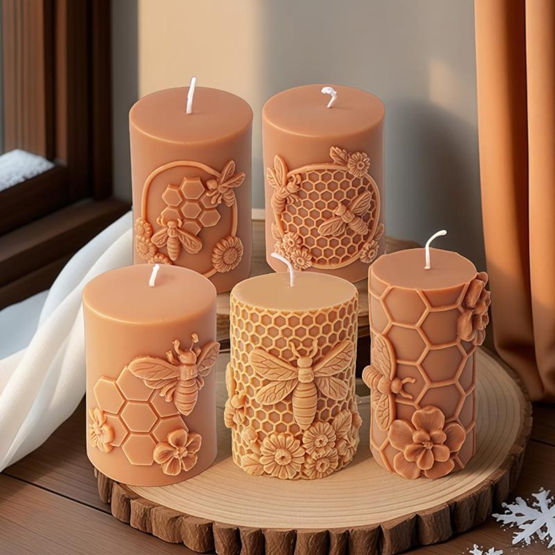 Embossed Beehive Cylinder Candle Mold-bee Honeycomb Candle Mold-flowers ...